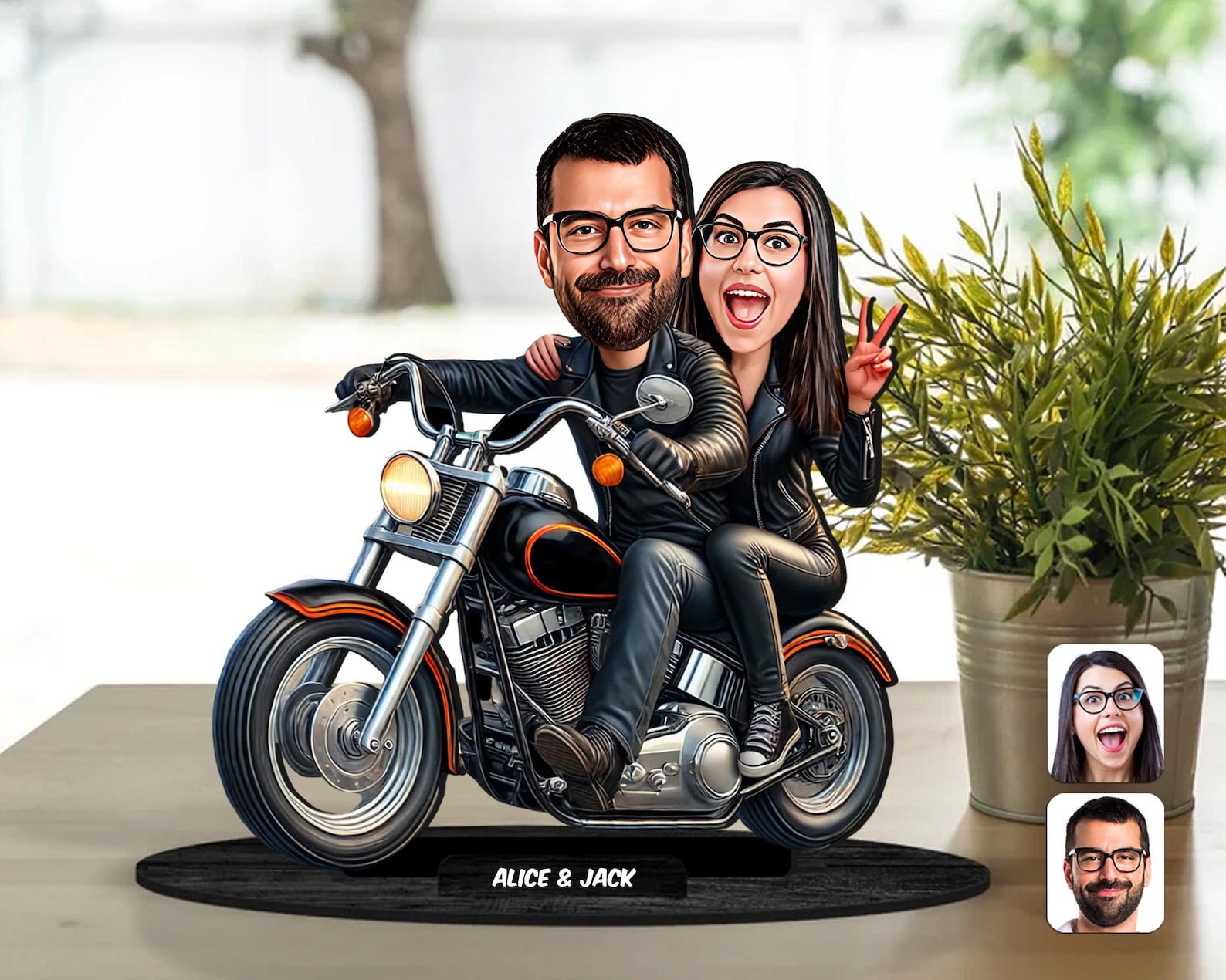 Personalized 3D Wooden Cartooned Motorcycle Couple Figurine Trinket ...