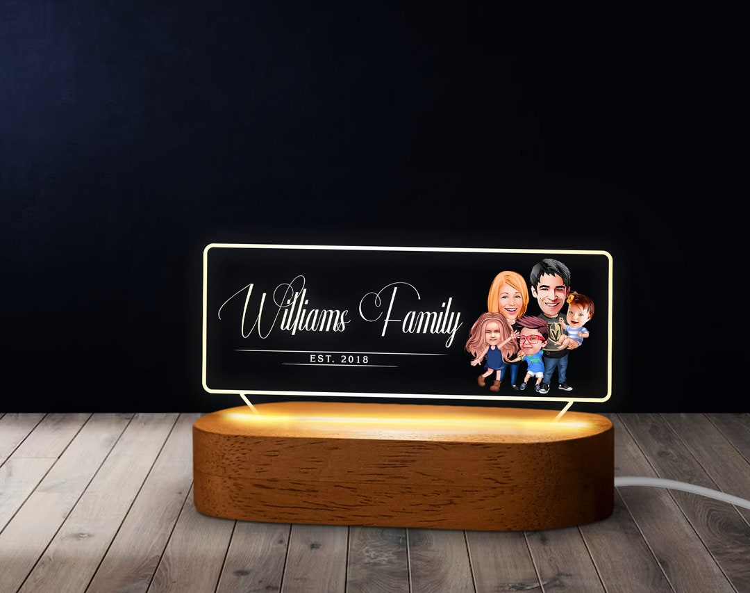 Personalized LED Light Family Cartoon With Natural Wood Base, Custom ...