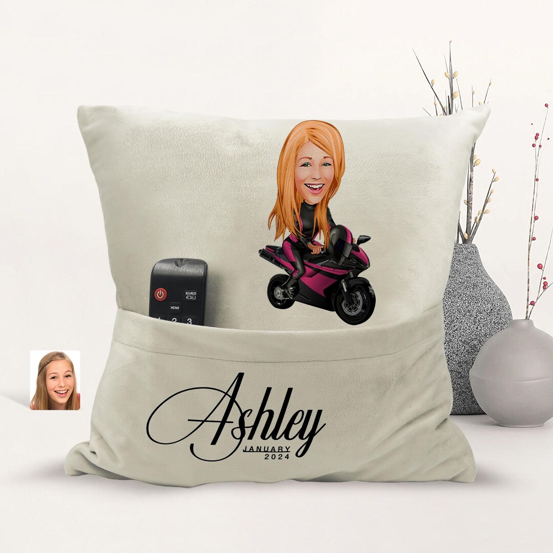 Personalized Motorcycle Cartoon Pillow With Pockets, Custom Fluffy ...