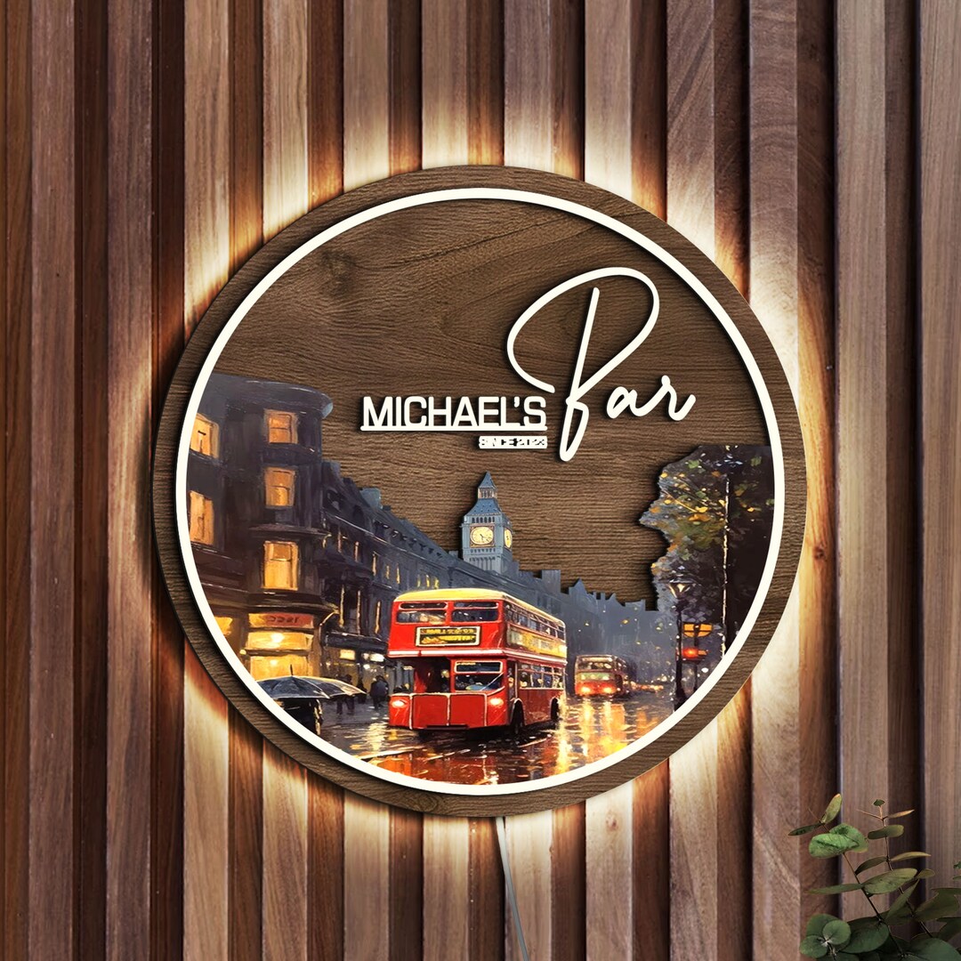 Personalized LED Light Wooden Bar Sign, Custom Embossed Round Wood Bar ...