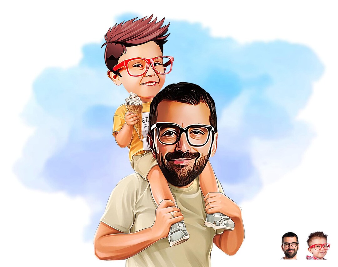Personalized Dad and Son Caricature Drawing, Cartoon From Photo, Custom ...