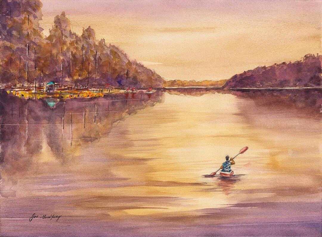 Kayak Watercolor Painting on a Lake at Sunset - Etsy