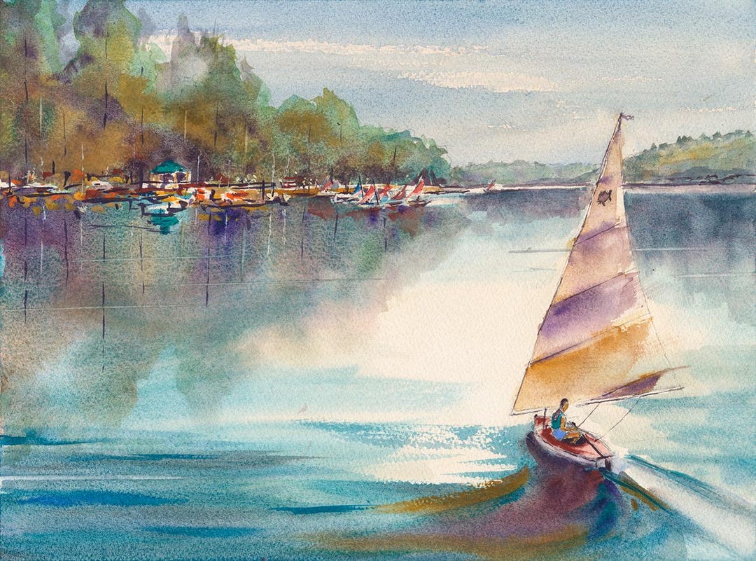Sunfish Sailboat Watercolor Painting: Bond Lake Landscape Art - Etsy