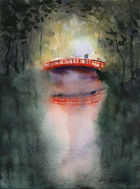 Asian Garden and Red Bridge Painting at Duke University Asian - Etsy