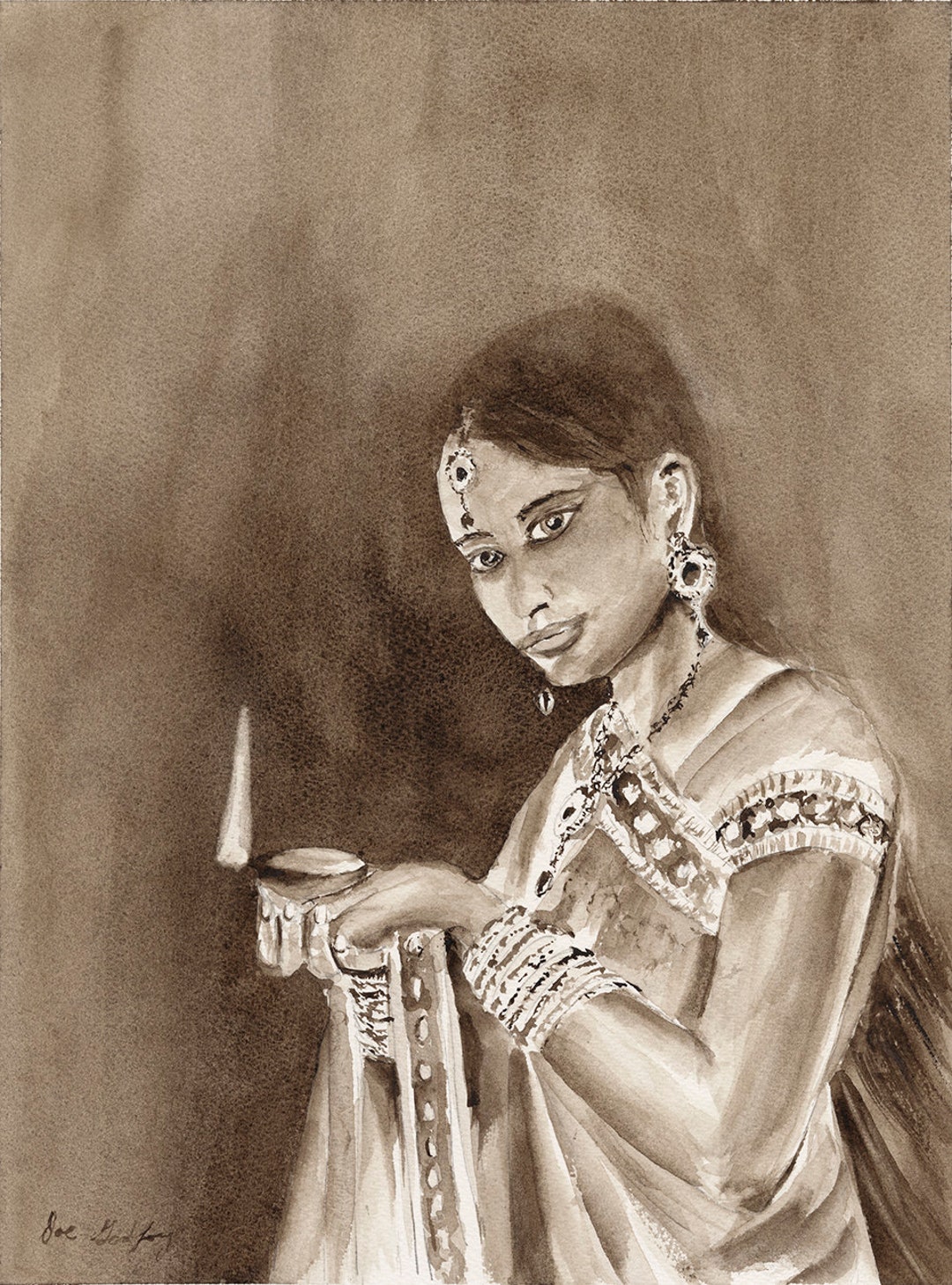 Diwali Painting of an Indian Woman Holding a Diya, Indian Wedding ...