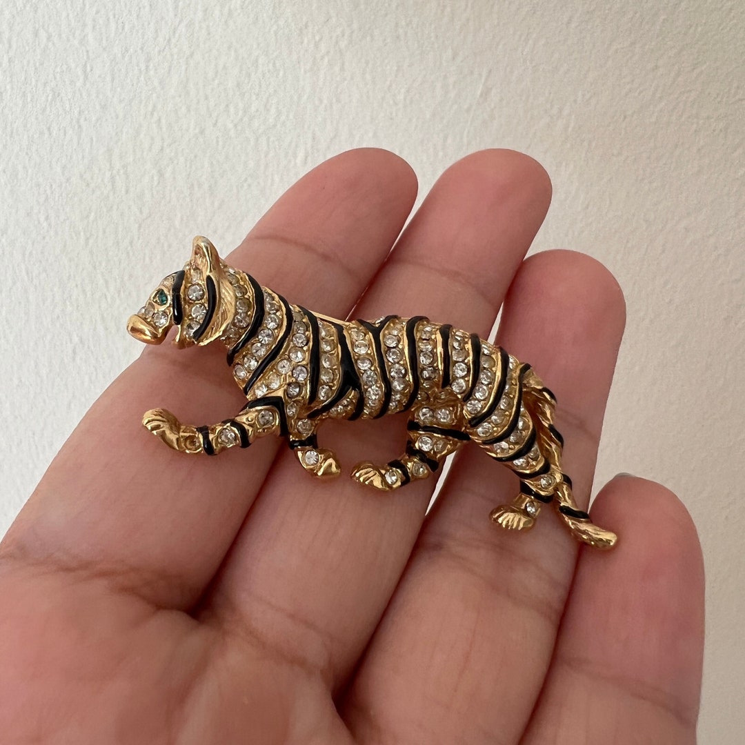 Vintage Tiger Brooch With Rhinestones, Big Cat Brooch, Gold Tiger ...