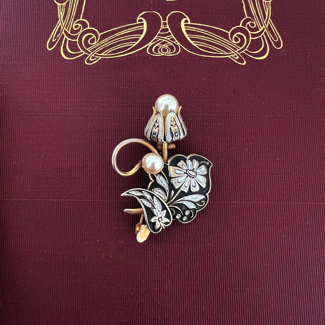 Vintage Spanish Damascene Brooch, Pearl Flower Brooch, Vintage Jewelry ...