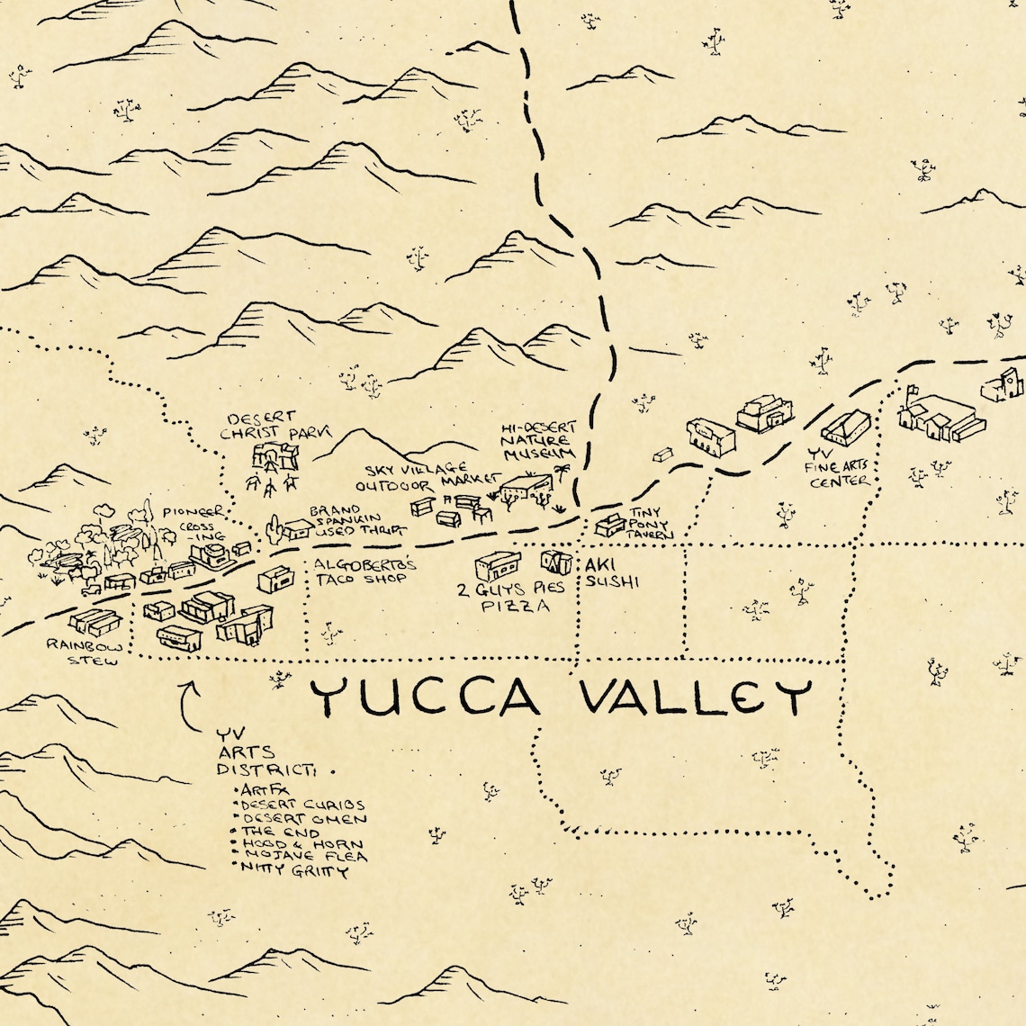 Joshua Tree & Yucca Valley Map Art Print: Hand-drawn California Town ...
