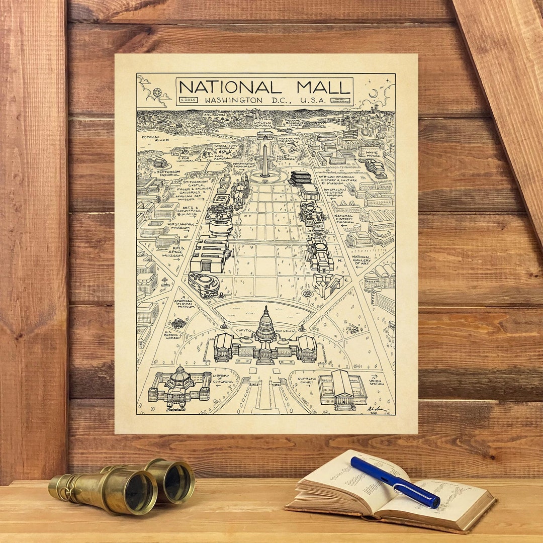 National Mall DC Hand-drawn Map Washington DC | Art Print by ...
