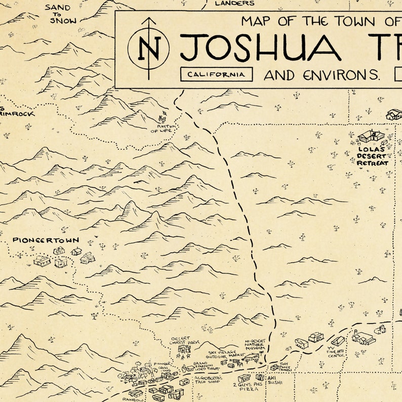 Joshua Tree & Yucca Valley Map Art Print: Hand-drawn California Town ...