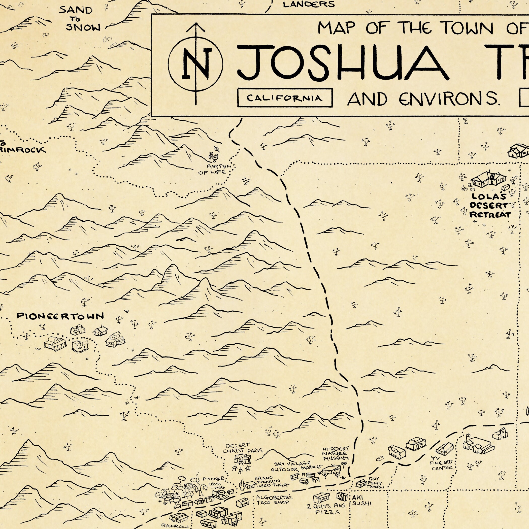 Joshua Tree & Yucca Valley Map Art Print: Hand-drawn California Town ...
