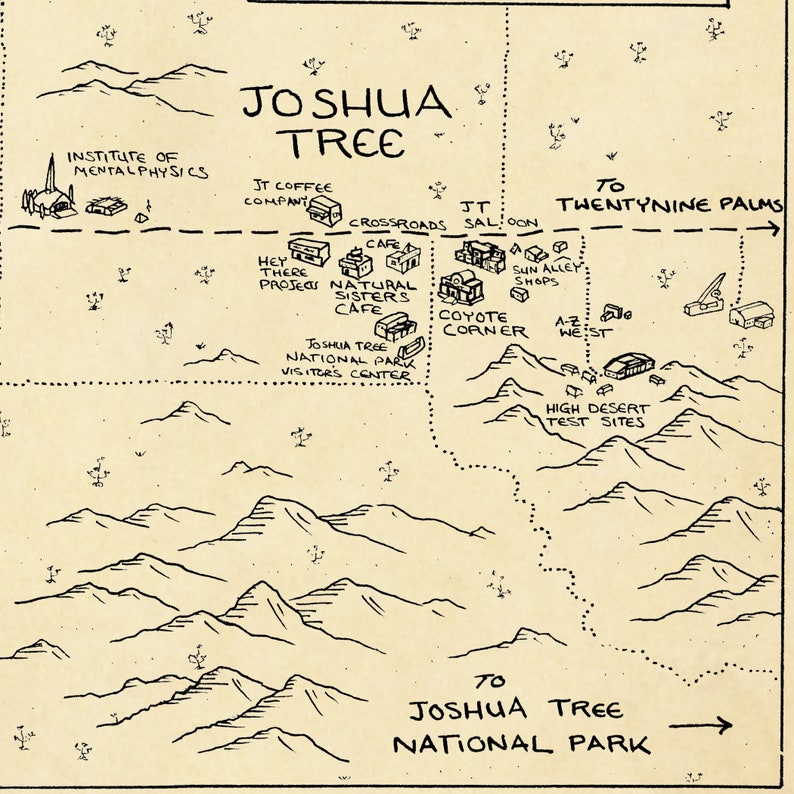 Joshua Tree & Yucca Valley Map Art Print: Hand-drawn California Town ...