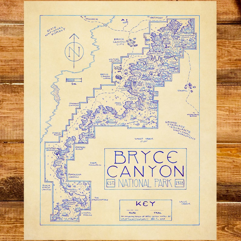 Bryce Canyon National Park Map Art Print: Hand-drawn Blue Ink - Etsy