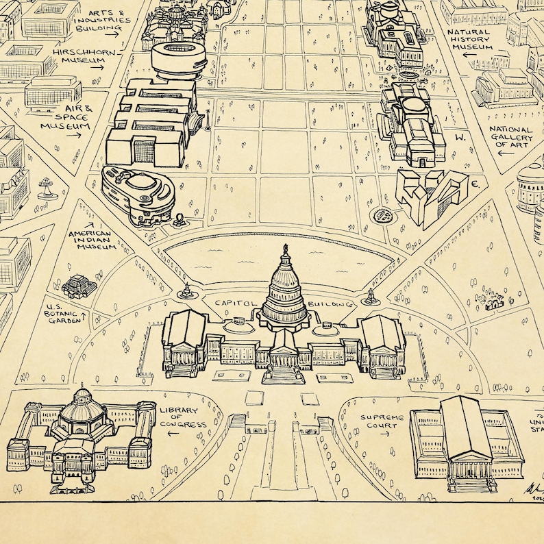 National Mall DC Hand-drawn Map Washington DC | Art Print by ...