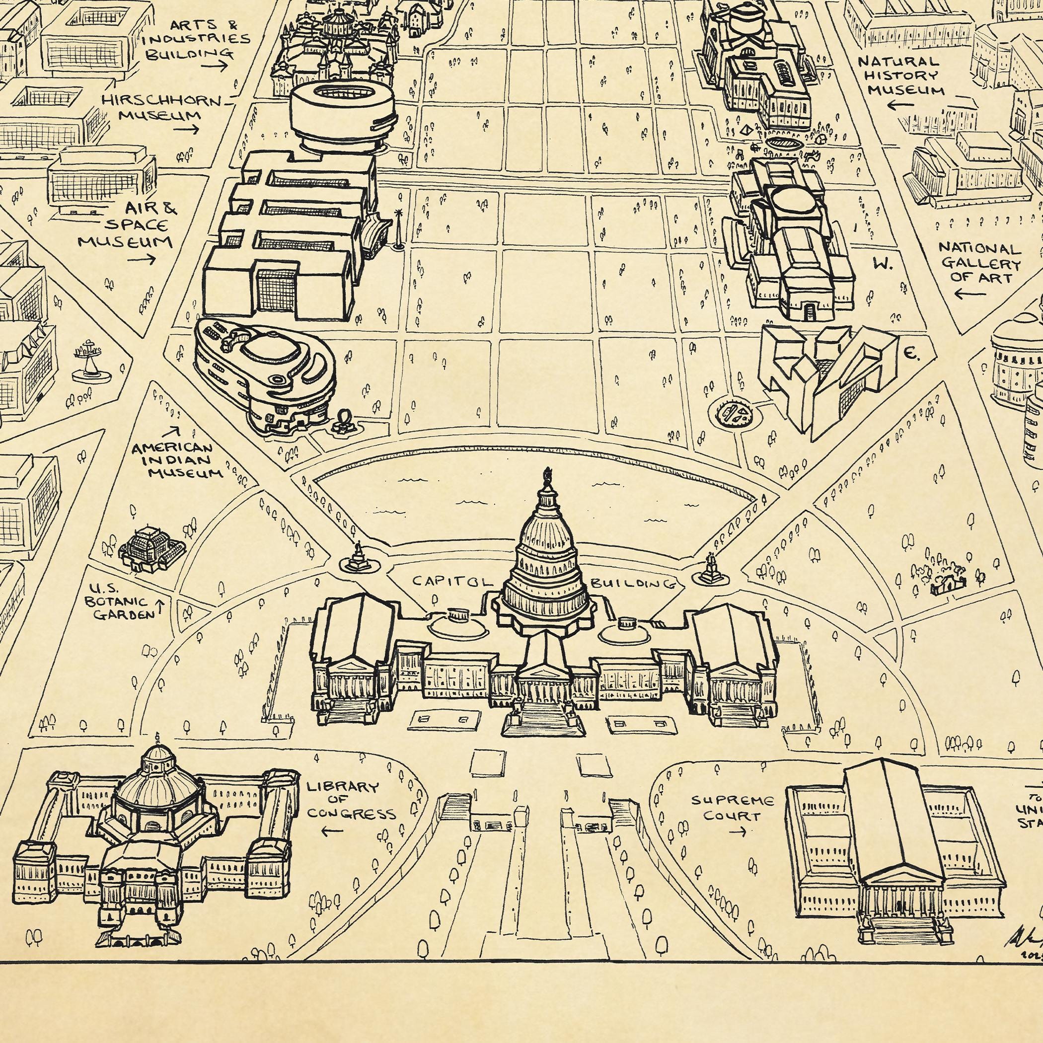 National Mall DC Hand-drawn Map Washington DC | Art Print by ...