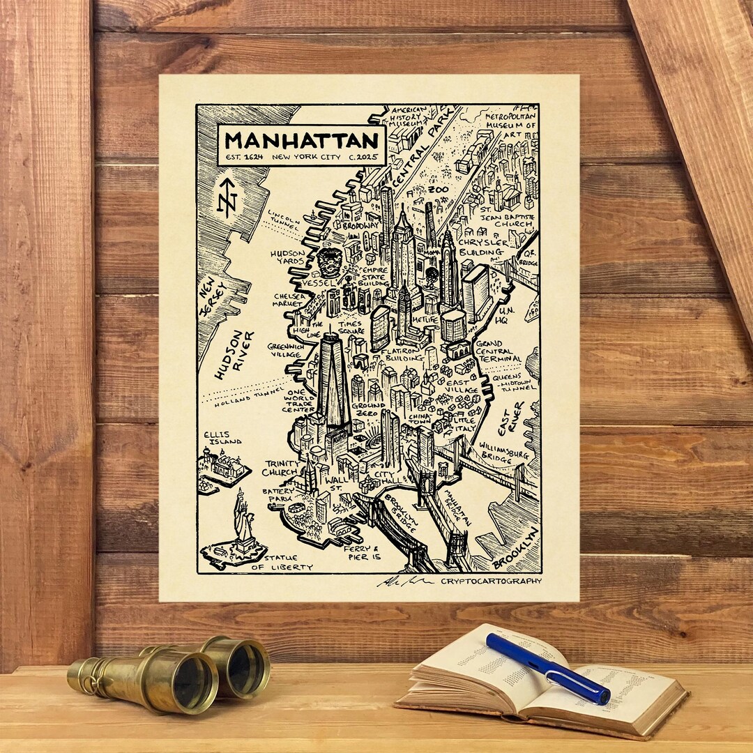 Manhattan Map NYC Hand-drawn by Cryptocartography | Map of New York ...