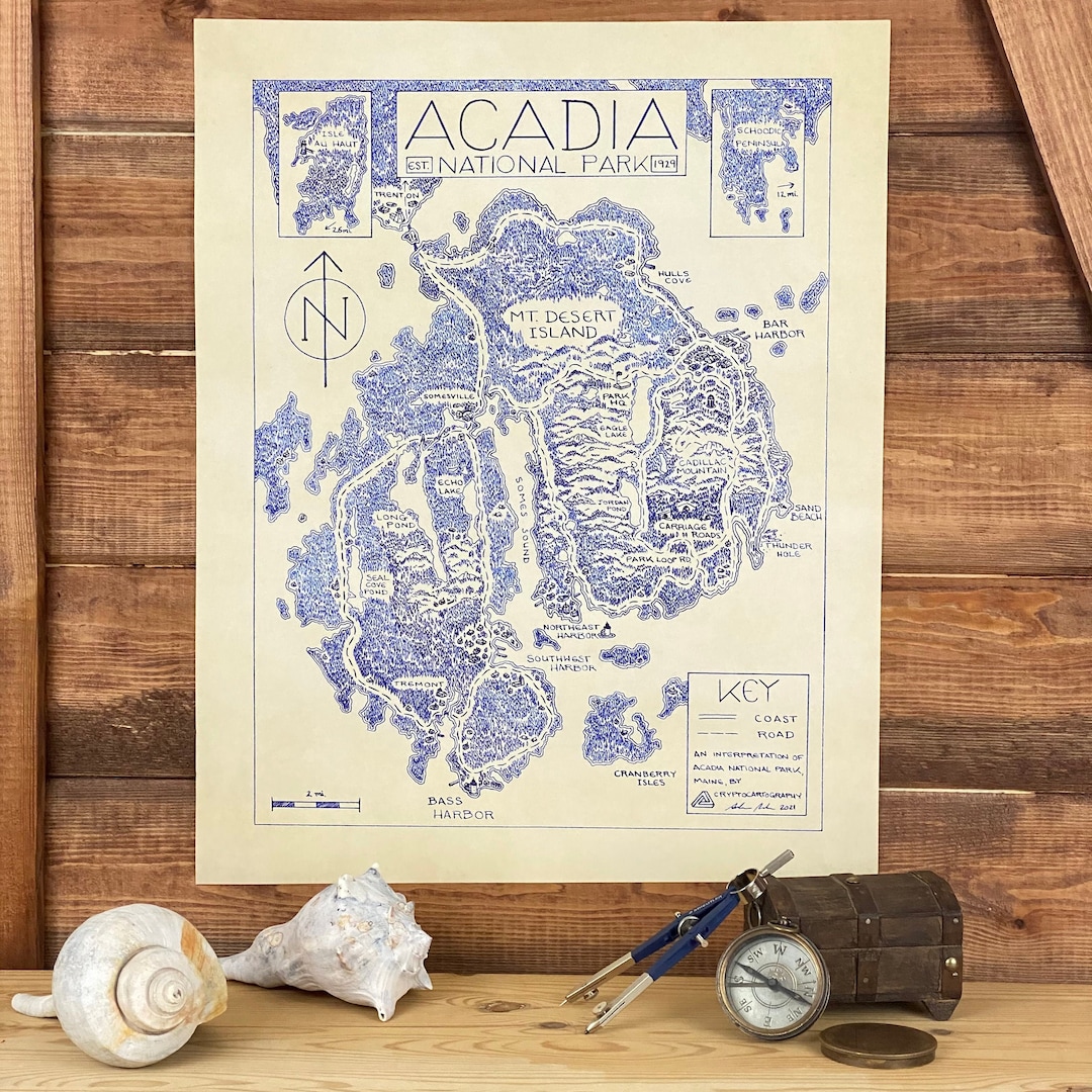 Acadia National Park Map Hand-drawn by Cryptocartography | Map of ...