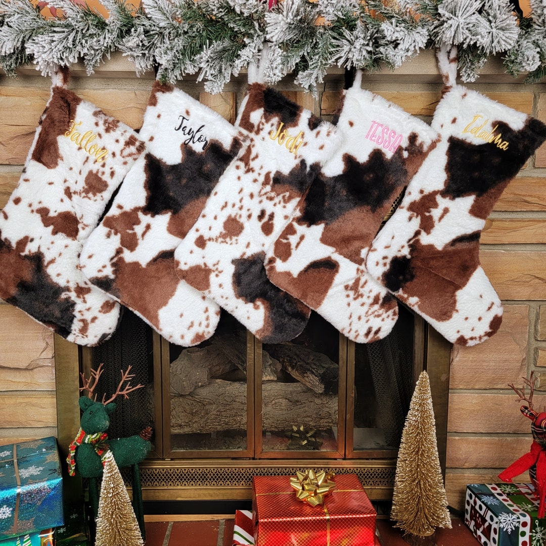 Embroidered Faux Fur Tri-color Cow Print Christmas Stocking ...