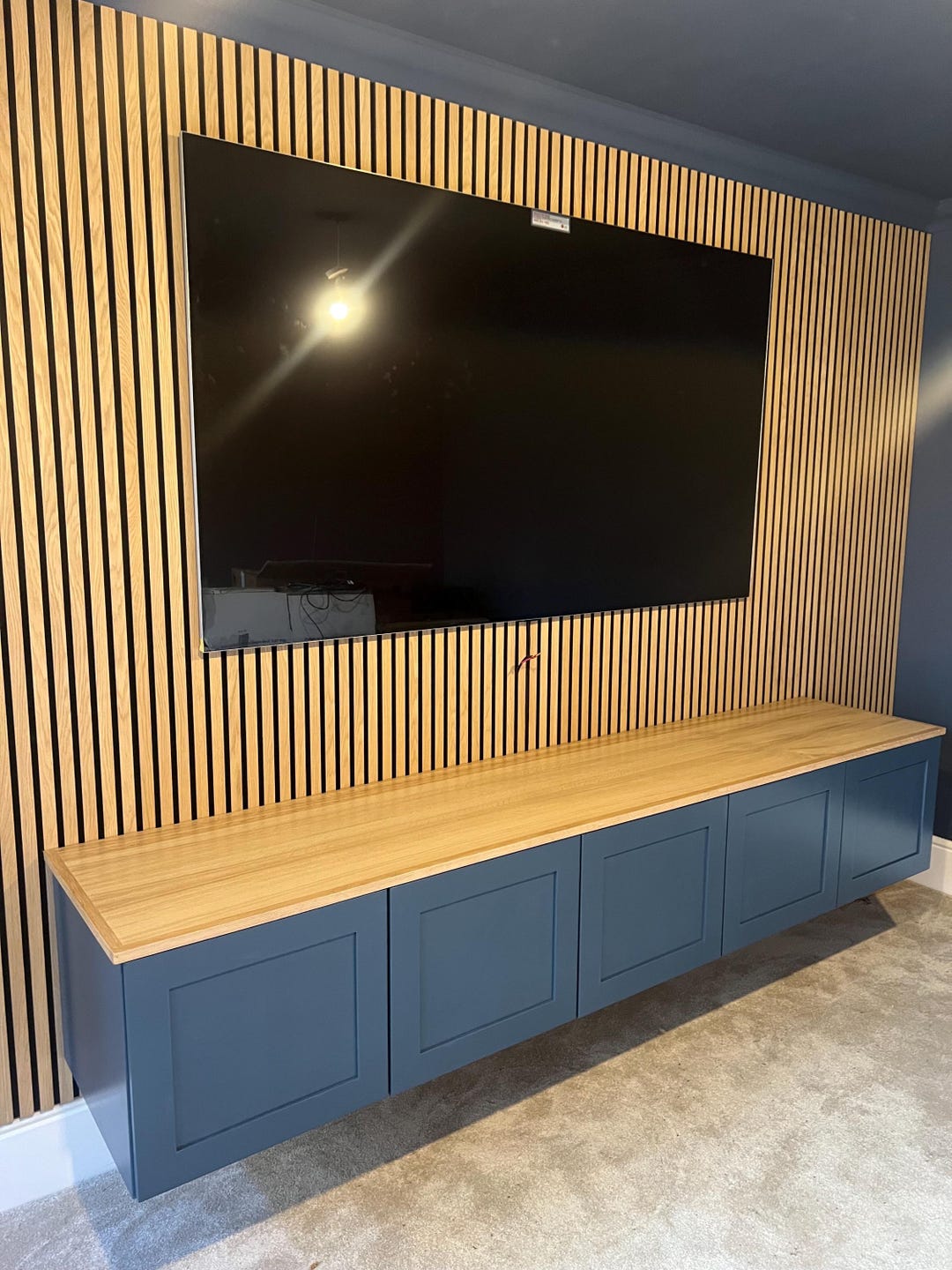 Bespoke Floating Media Unit With Slatted Oak Feature Wall and Painted ...