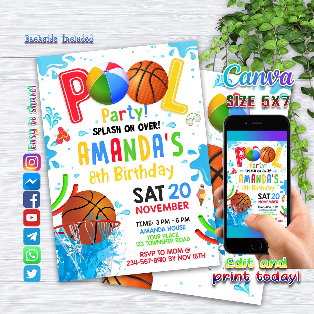 Editable Basketball Pool Party Invitation Sports Summer Pool Party ...