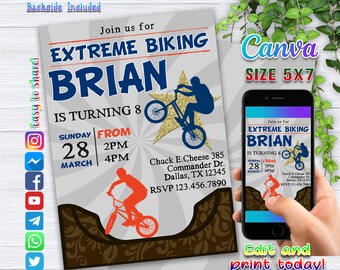 EDITABLE BMX Bike Birthday Invitation, Mountain Bike Party Invite ...