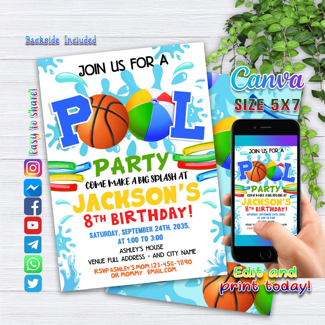 Editable Basketball Pool Party Invitation, Pool Party Invitation ...