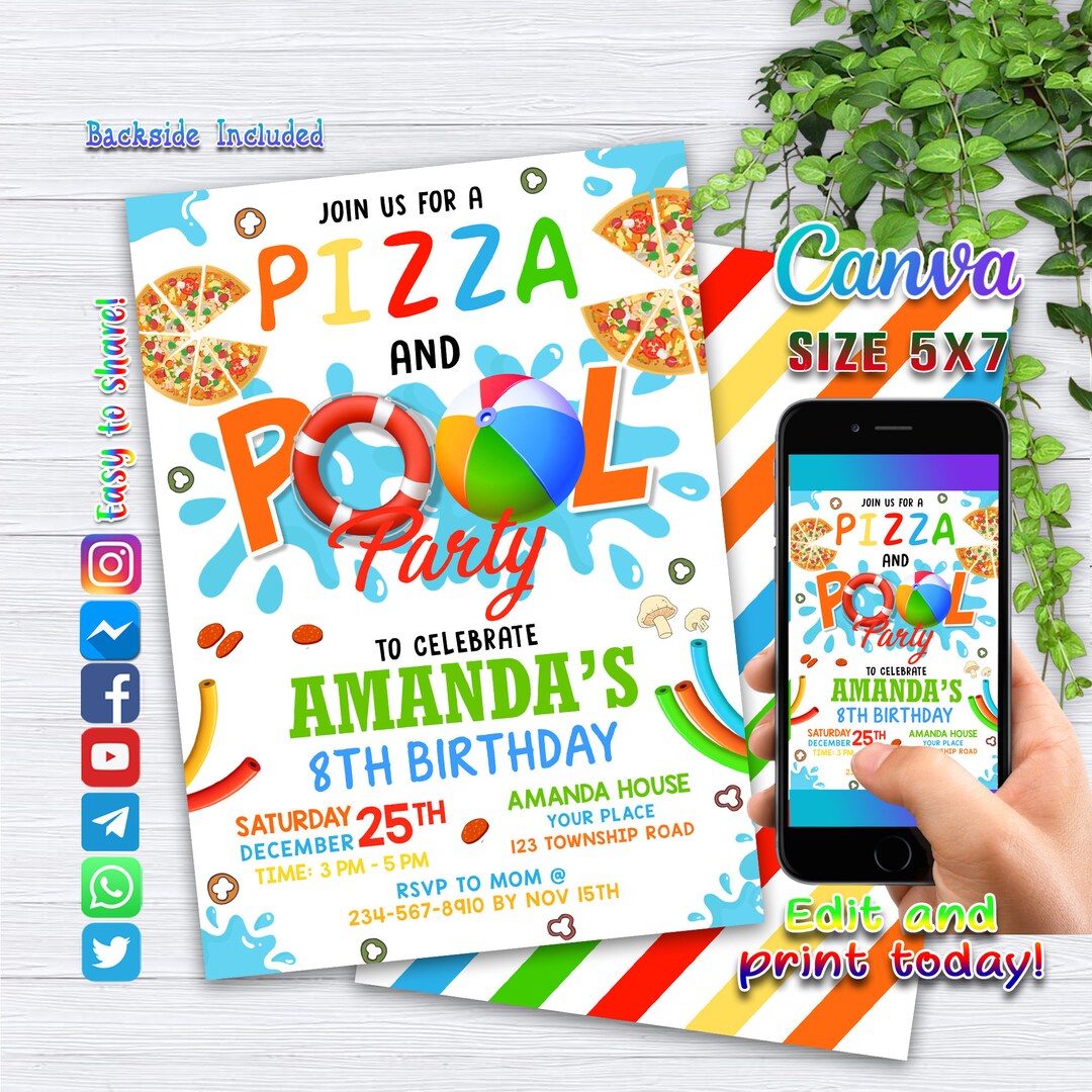 Editable Pizza Pool Party Birthday Invitation Template, Pizza Pool ...
