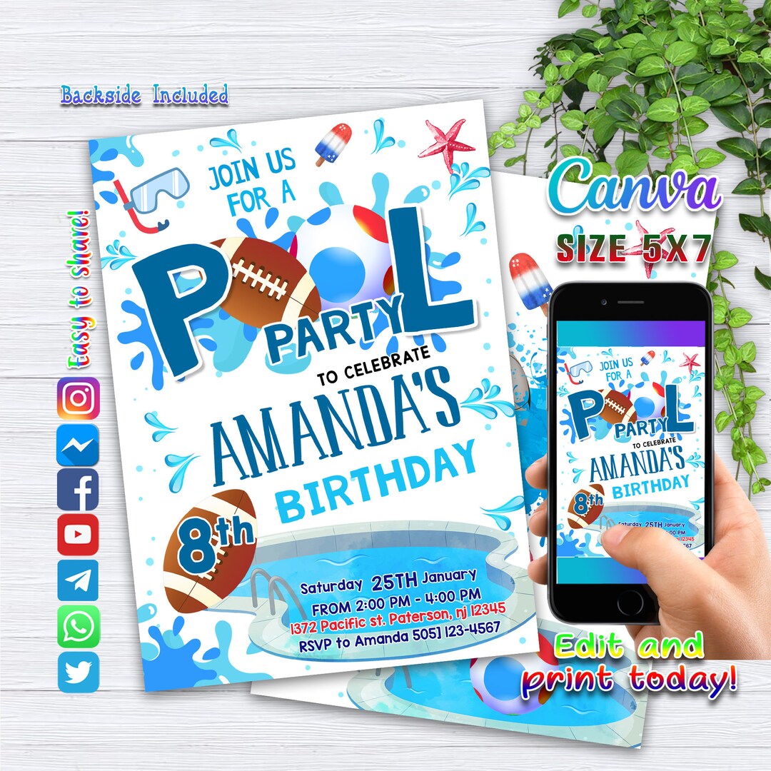 Football Pool Party Birthday Invitation Editable Template, Summer ...