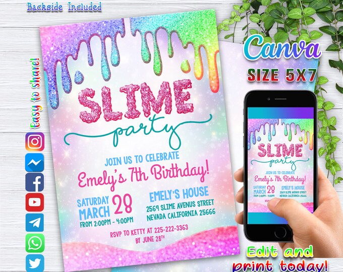 Slime Party Birthday Invitation, Digital File, Printable, Slime Party ...