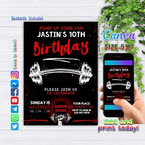Fitness Birthday Invitation, Workout Party, Weights Gym Party, Editable ...