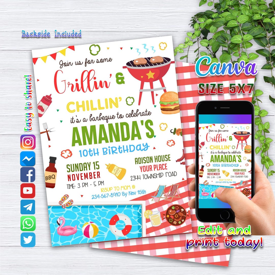 Editable Pool Party and BBQ Invitation, Summer Party Invite, Pool Party ...