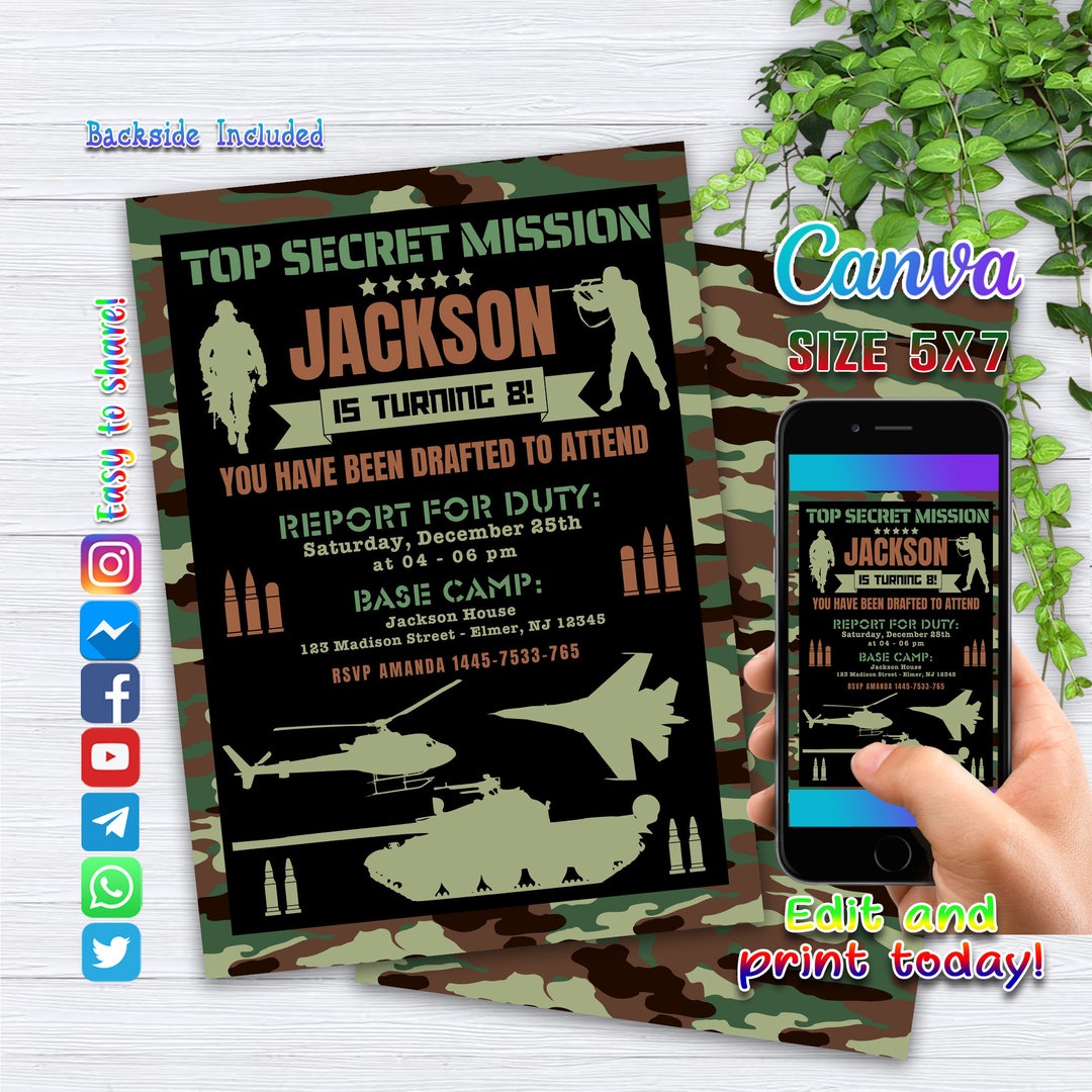 Editable Army Invitation, Army Birthday Invitation, Army Invitation ...