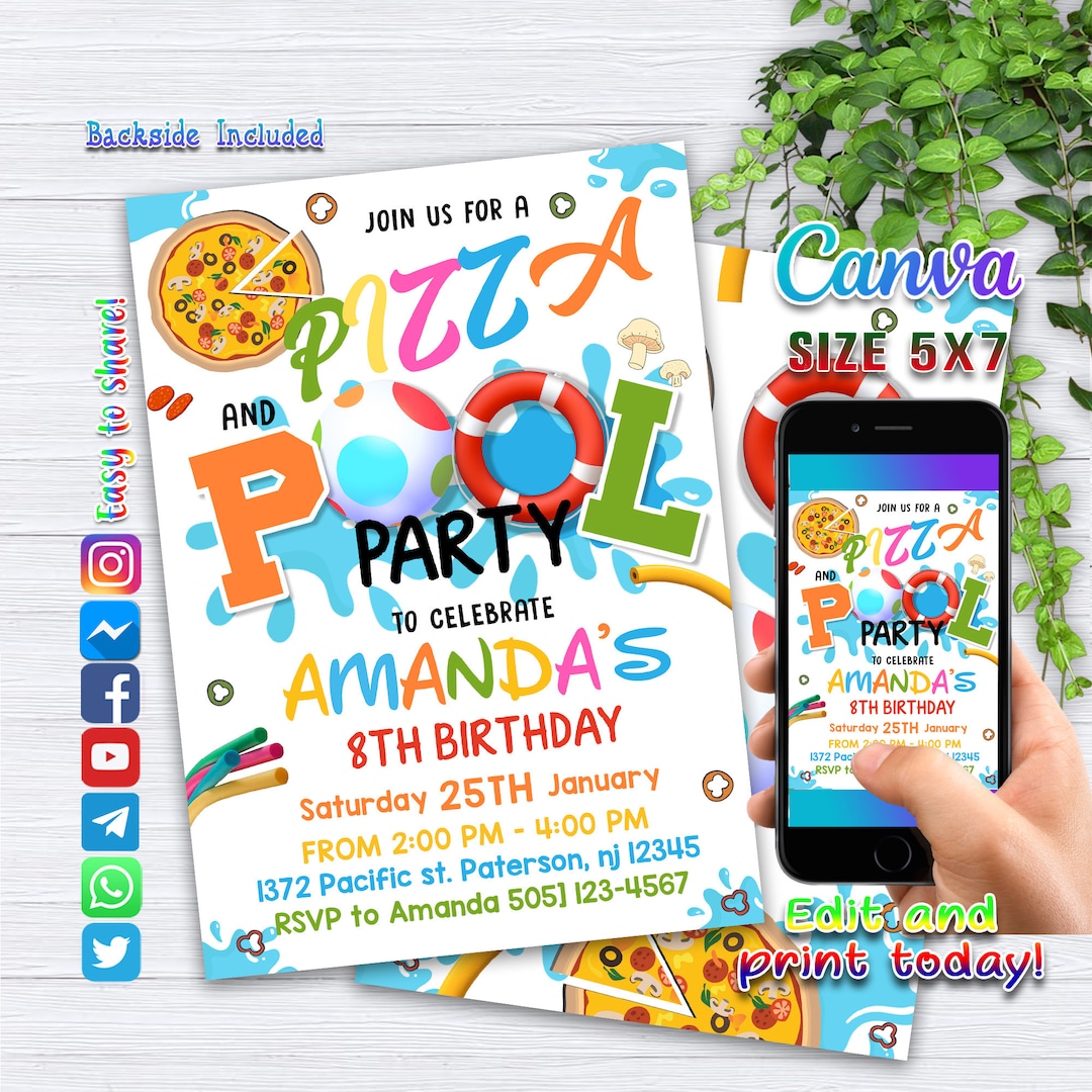 Pizza Pool Party Invitation, Boy Pool Party, Pizza and Pool Party ...