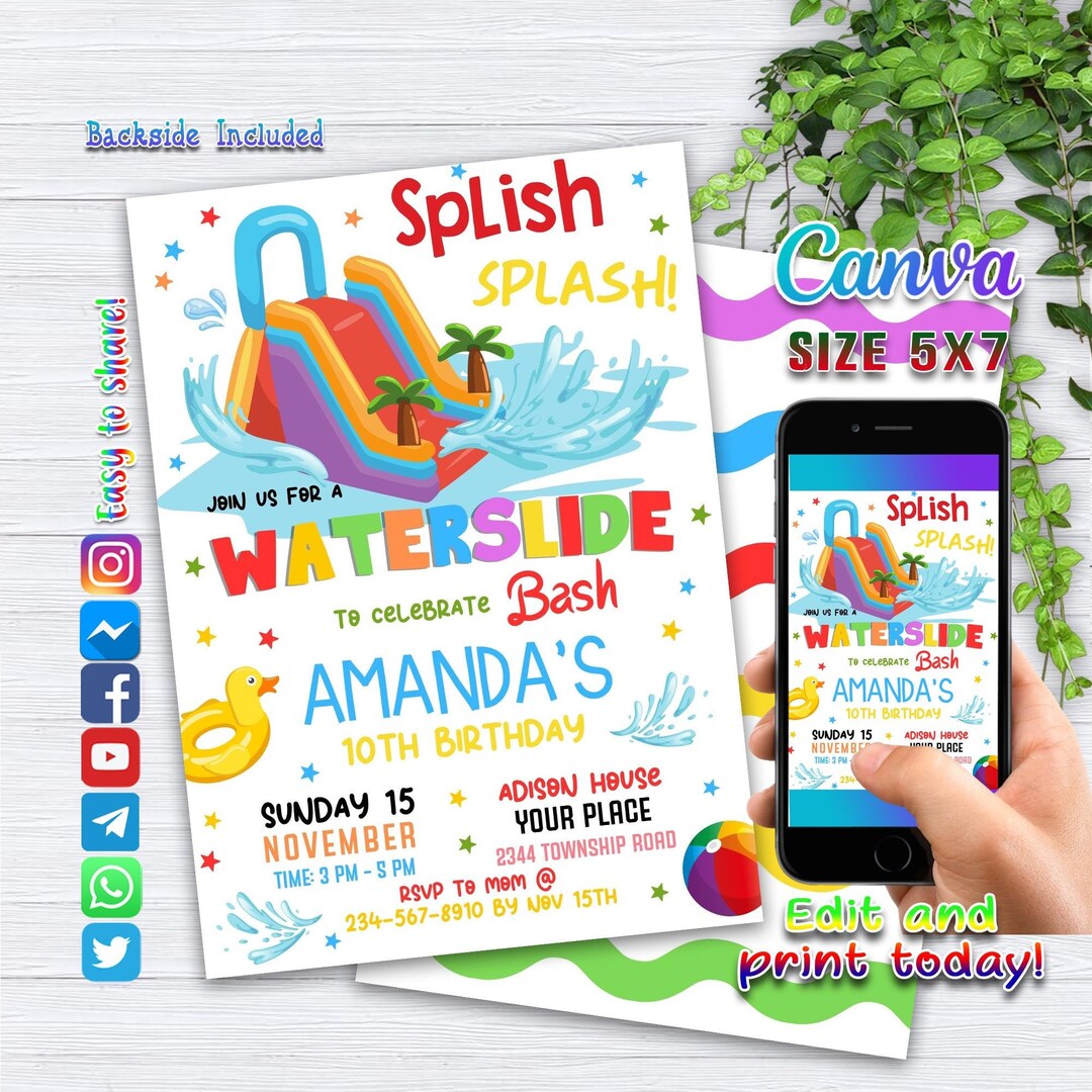 Editable Water Slide Invitation, Water Slide Party Invite, Instant ...