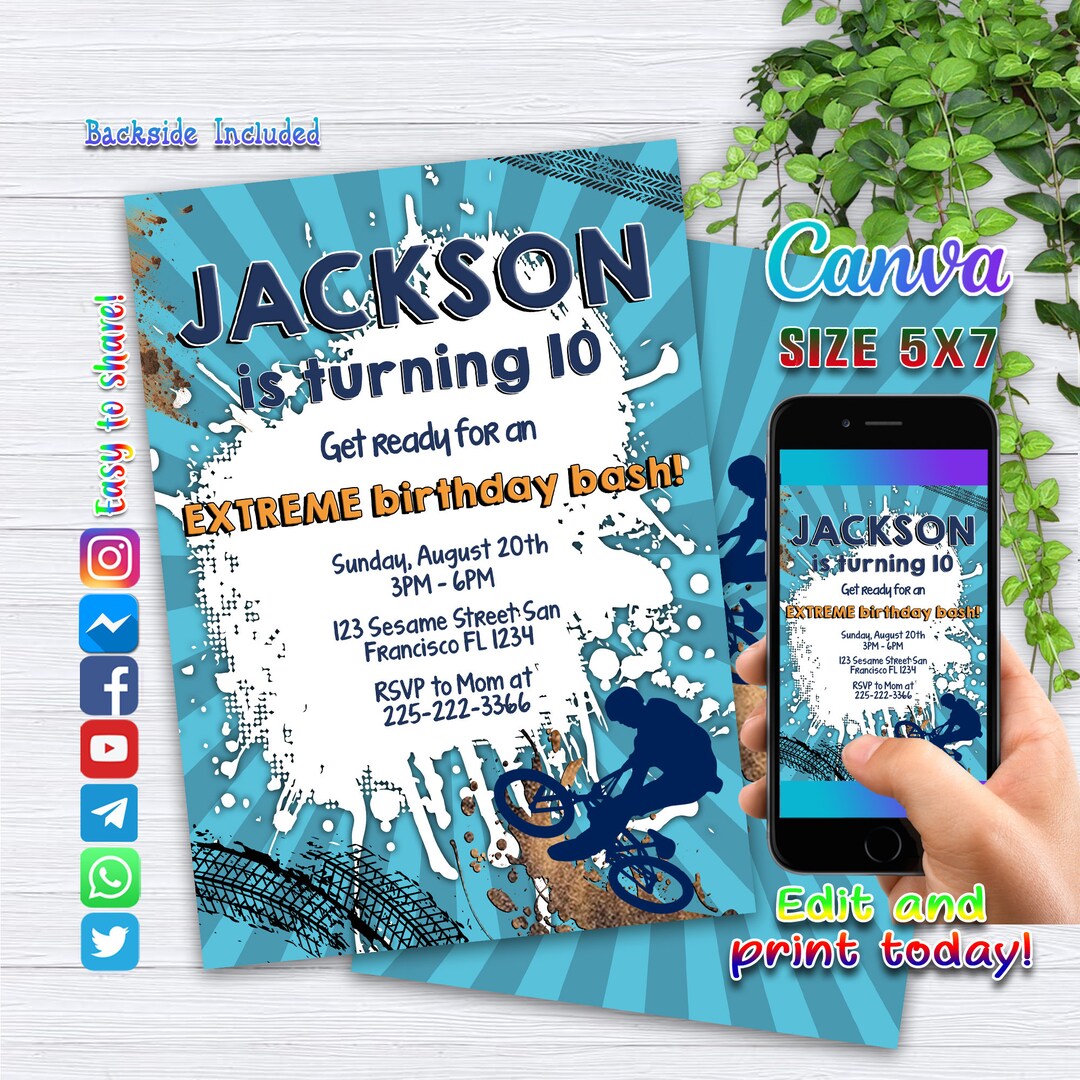EDITABLE BMX Bike Birthday Invitation, Mountain Bike Party Invite ...