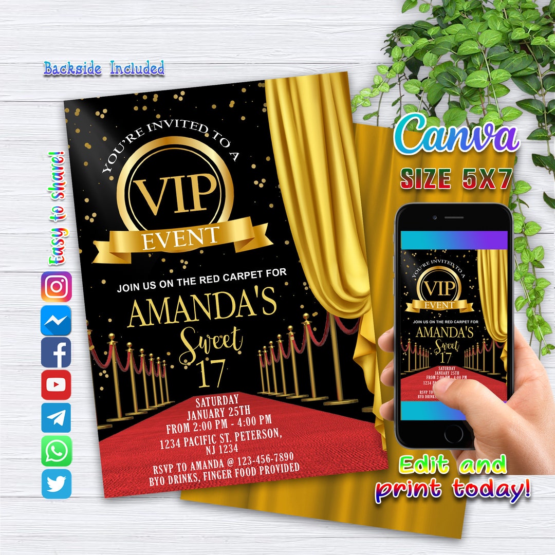 Editable Red Carpet Birthday Invitation, Red Carpet Event Hollywood ...