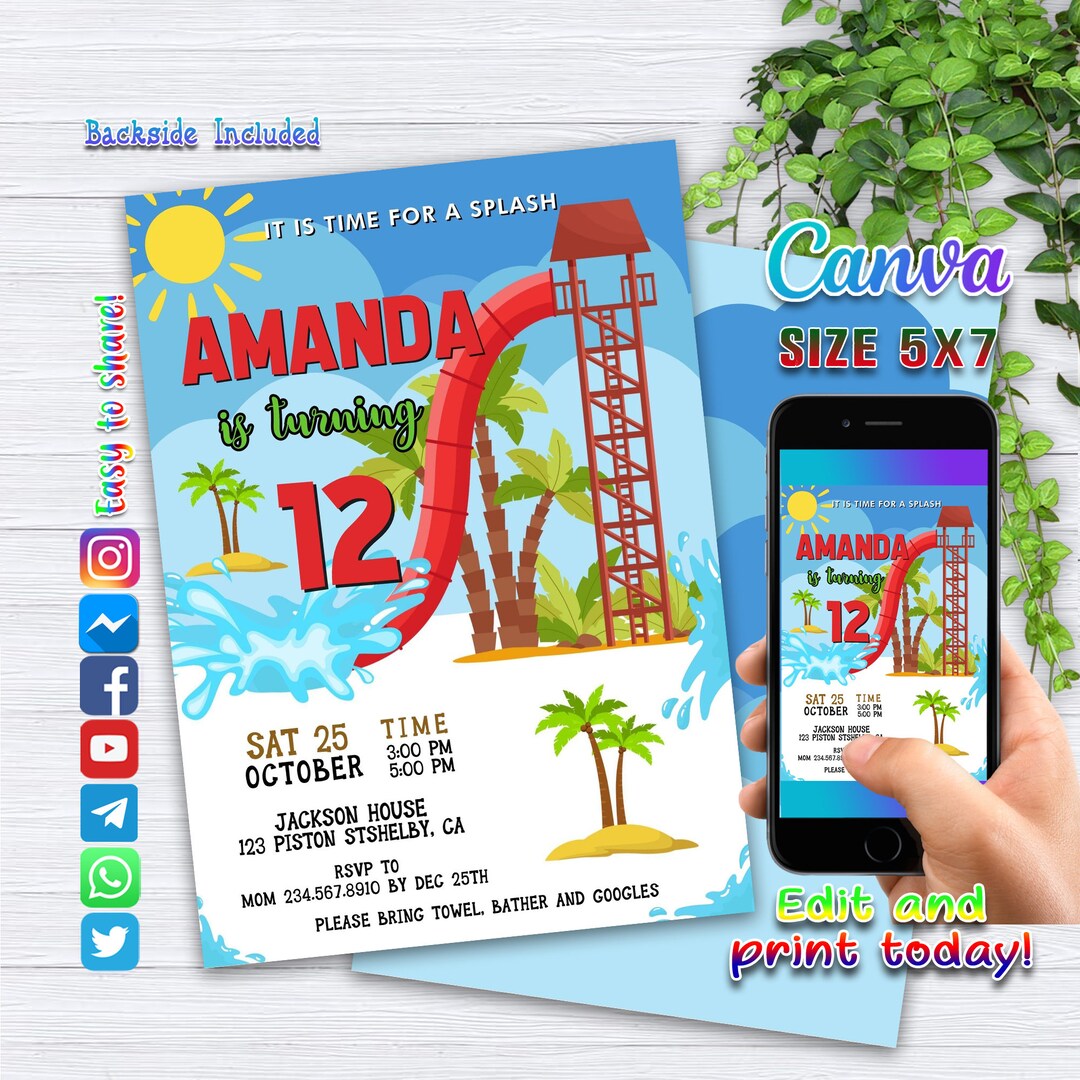 Editable Waterslide Birthday Invitation Summer Pool Party Splash ...