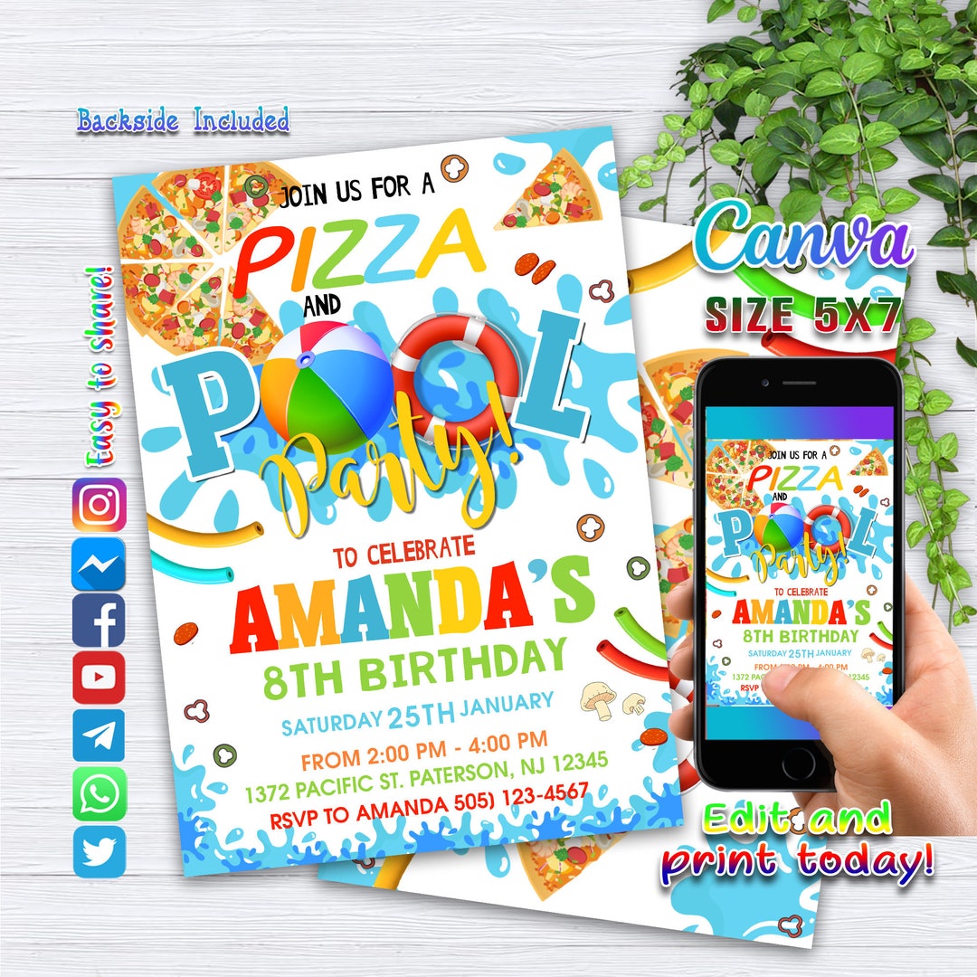 Pizza Pool Party Invitation, Boy Pool Party, Pizza and Pool Party ...