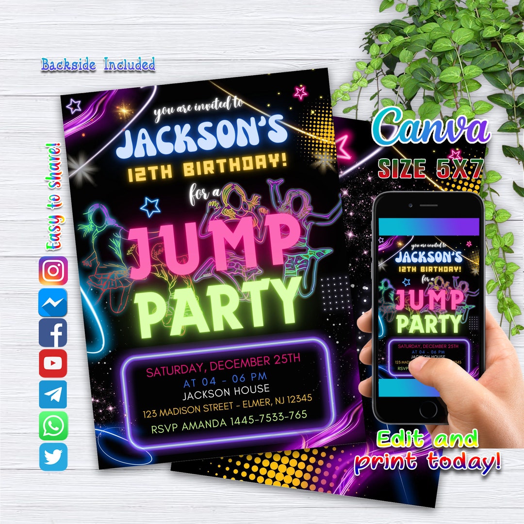 Editable Jump Party Birthday Invitation, Glow Trampoline Party Neutral ...