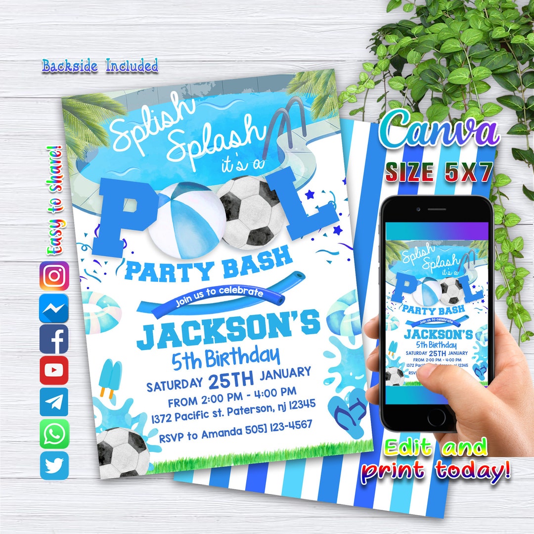 Editable Soccer Pool Party Invitation, Sports Pool Birthday Party ...