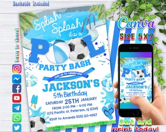 Editable Soccer Pool Party Invitation, Sports Summer Pool Party, Sports ...