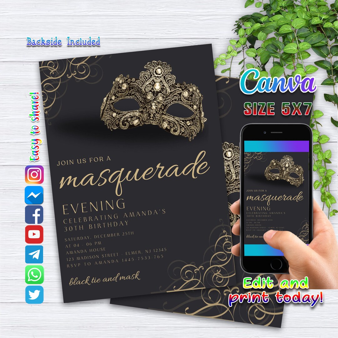 Black Gold Masquerade Party Invitation, Masquerade Birthday Party ...