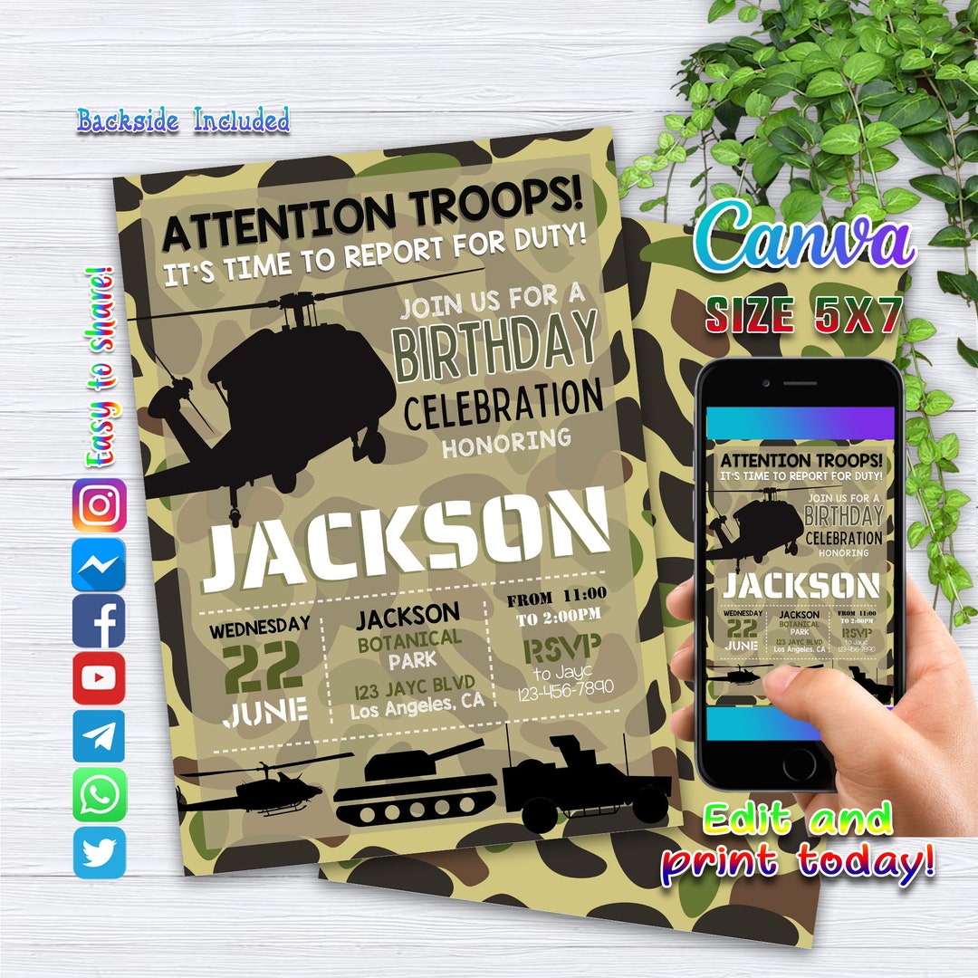 Editable Army Invitation, Army Birthday Invitation, Army Invitation ...