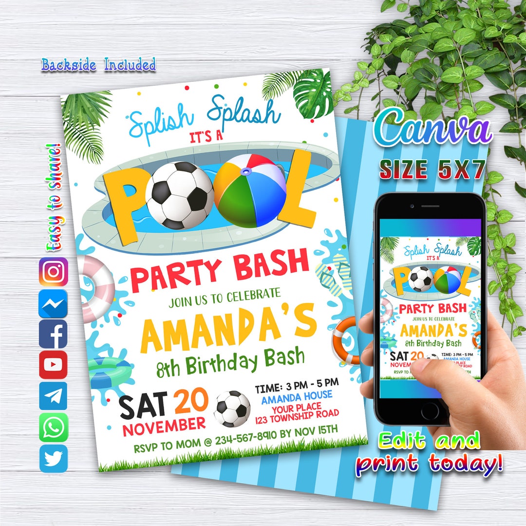 Editable Soccer Pool Party Invitation, Sports Summer Pool Party, Sports ...