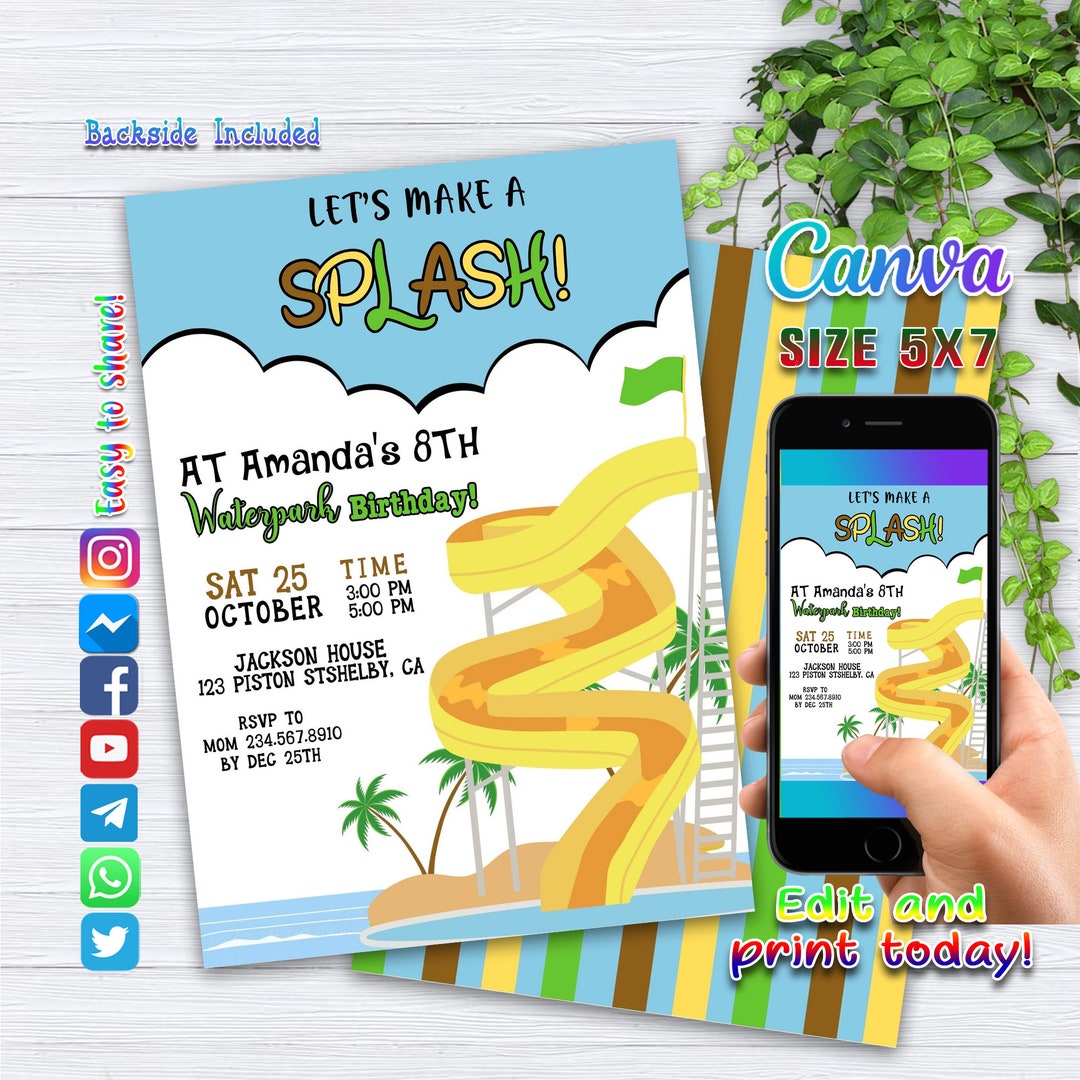 Editable Waterslide Birthday Invitation - Splash Birthday Evite ...