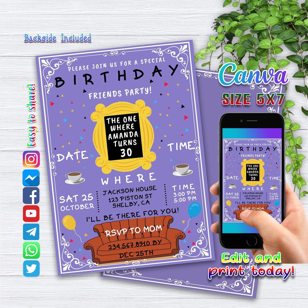 Editable Friends Invitation Template, Printable Birthday Party ...