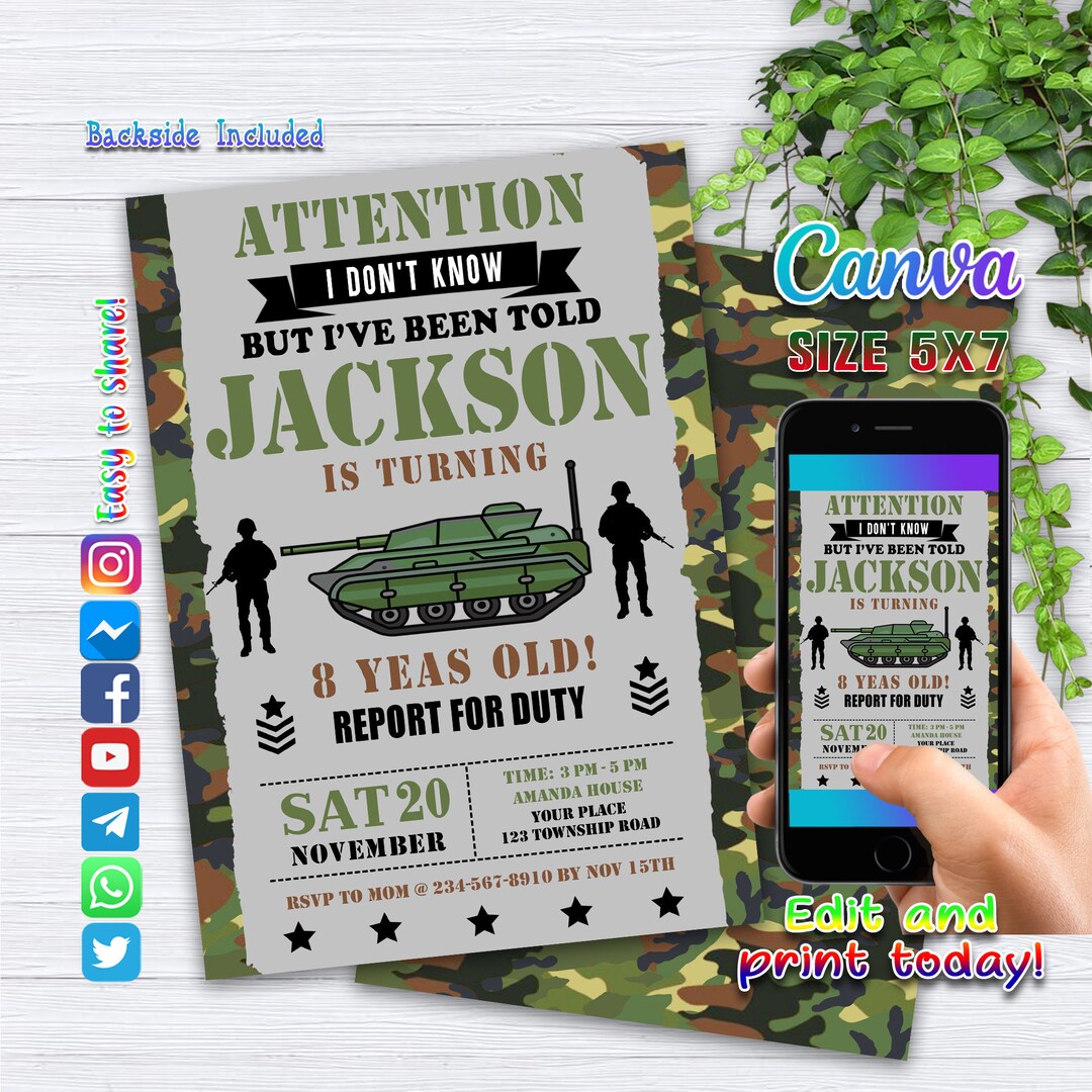 Editable Army Invitation, Army Birthday Invitation, Army Invitation ...