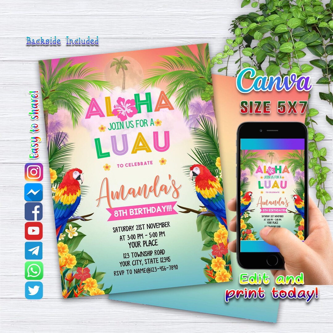 Editable Luau Invitation, Luau Birthday Invitation, Luau Party ...