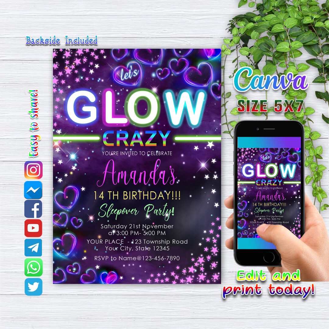 Editable Glow Party Birthday Invitation, Glow Gender Neutral Invites ...