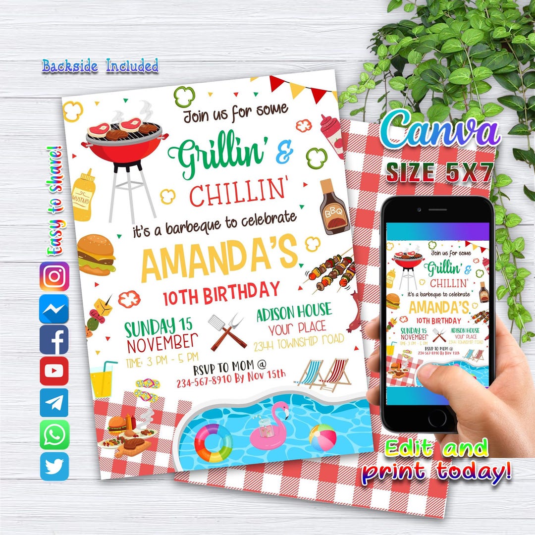 Editable Pool Party and BBQ Invitation, Summer Party Invite, Pool Party ...